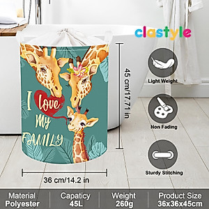 Clastyle 45L Large Green Giraffe Family Kid Laundry Hamper with Handle Collapsible Animal Love Clothes Toy Storage Basket with Lid for Nursery