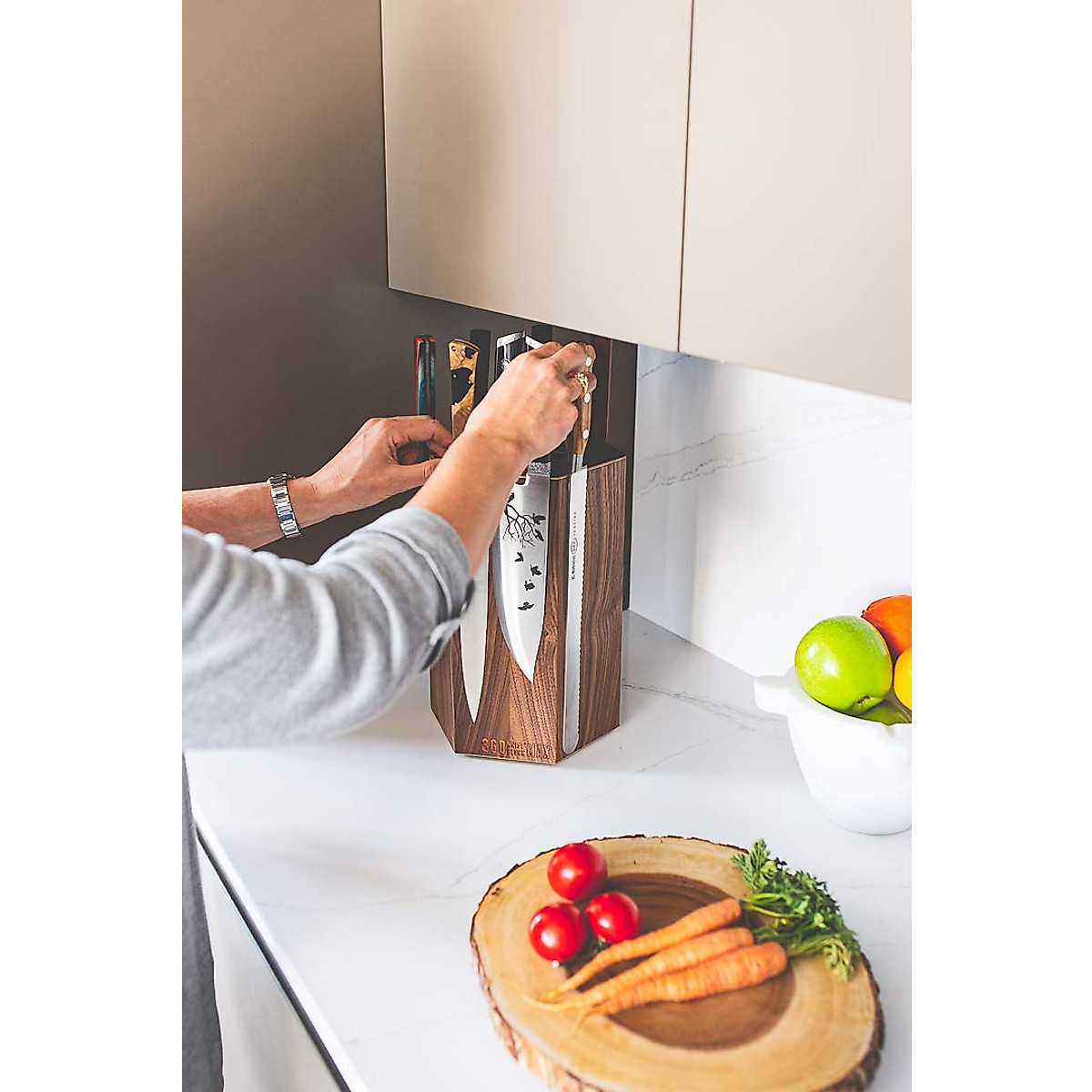 360 Knife Block MAX - (walnut) rotating, magnetic, knife block - NOW w/top slots - capacity for 20+ knives & 12" blades (Walnut wood)