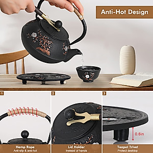 Japanese Style Cast Iron Teapot with 4 Tea Cups Trivet Tetsubin Tea Kettle with Infuser Chinese Tea Set for Adults Iron Tea Pots Black (Magpie and Plum Pattern)