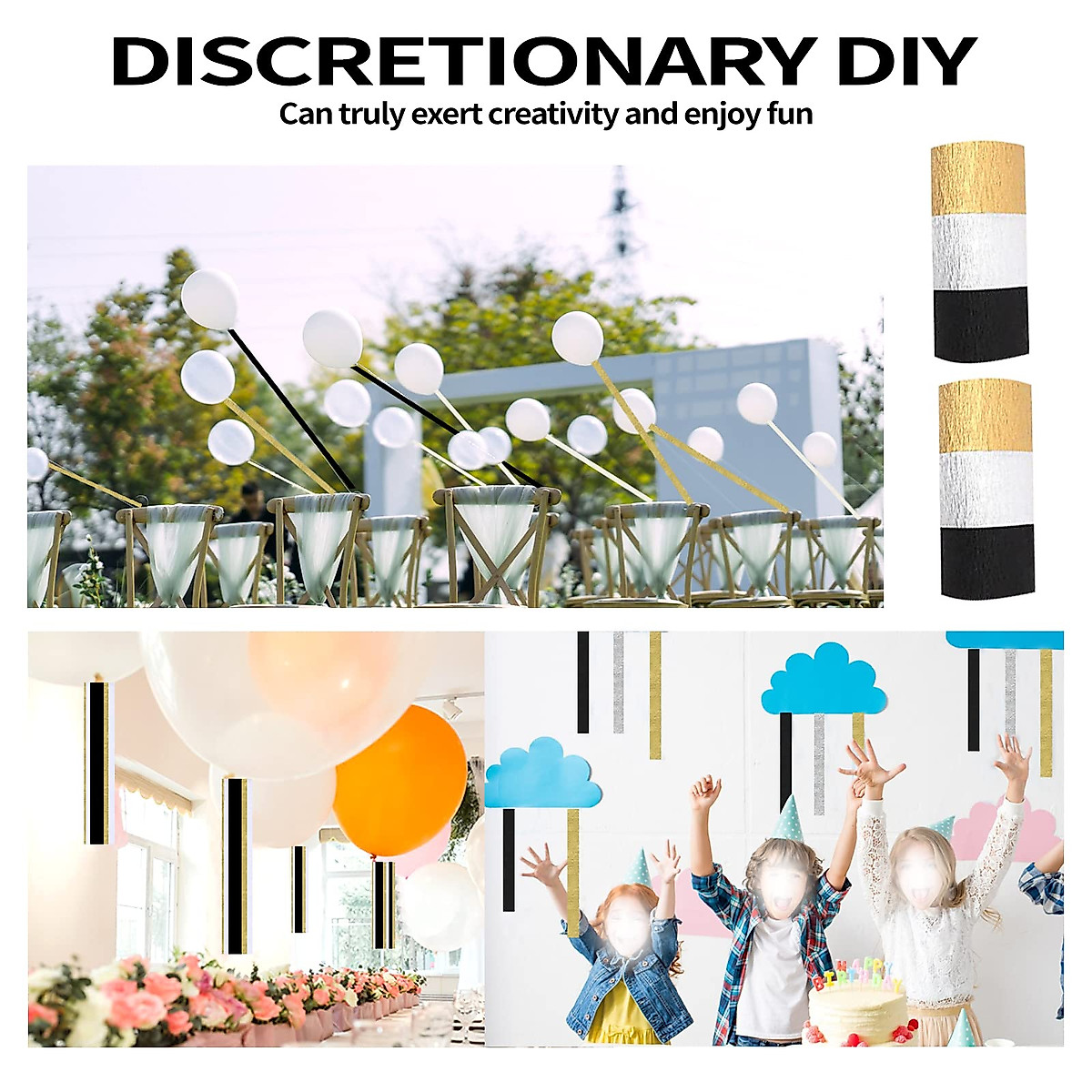 Crepe Paper Streamers 6 Rolls 492ft, Pack of 2 Gold, 2 Silver, 2 Black - Streamers Party Decorations Streamers (1.8 Inch x 82 Ft/Roll),for Party Decorations Birthday Decorations, Wedding Decorations