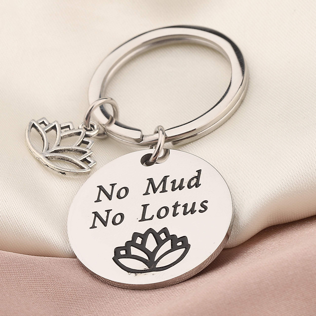 BEKECH Inspirational Yoga Keychain No Mud No Lotus Keychain Lotus Flower Yoga Jewelry Yogi Gift Yoga Lover Gift (silver)