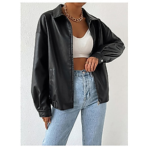 MakeMeChic Women's Faux Leather Shacket Long Sleeve Zip Up Motorcycle Jacket Biker Coat Zip Black S