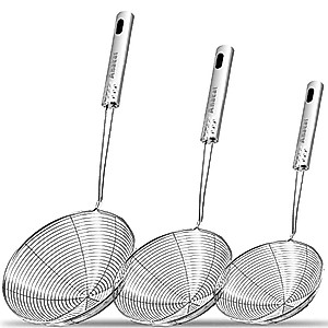 Anaeat Stainless Steel Spider Strainer Skimmer, Set of 3 Professional Kitchen Pasta Strainer Spoon with Long Handle - Asian Strainer Ladle Wire Skimmer Spoons for Cooking and Frying (4.5"+5.3"+6.1")