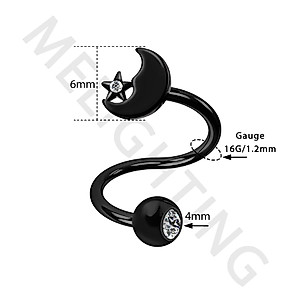 Melighting Twist Helix Earrings 16G Black Moon Cartilage Earring Clear CZ Surgical Steel 316L Star Tragus Piercing Jewelry Labret Piercing Helix Piercing Women