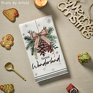 Artoid Mode Elk Trees Pine Cones Holly Berry Hello Winter Kitchen Towels Dish Towels, 18x26 Inch Bowknot Christmas Decoration Hand Towels Set of 4