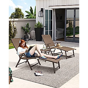 Crestlive Products Folding Patio Chaise Lounge Chair for Outside Aluminum Adjustable Outdoor Pool Recliner Chair, Brown Frame, 8 Positions (2PCS Brown Lounge Chair with 1PC Table)
