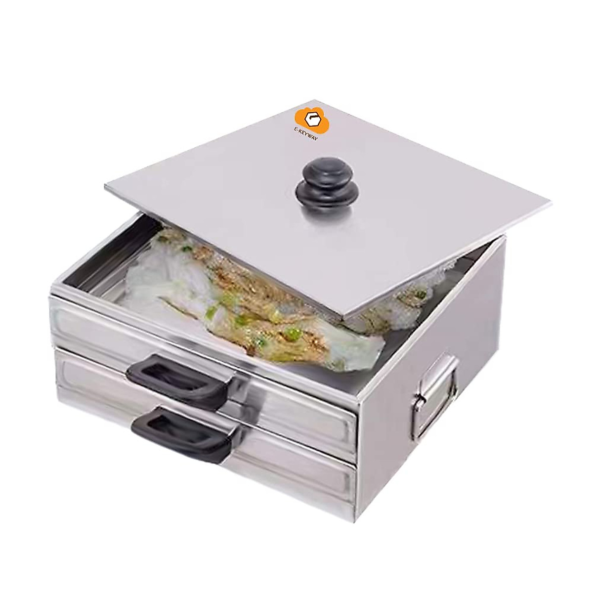 E-KEYWAY Top Open Chinese Rice Noodle Roll Food Steamer with Extra Tray Stainless Steel Square Tier/Layer Cooking Cuisine Guangdong Recipes Cookware (Tier-O2-L)