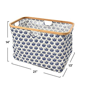 Household Essentials Bamboo Rimmed Krush Basket with Cutout Handles, Blue Cacti