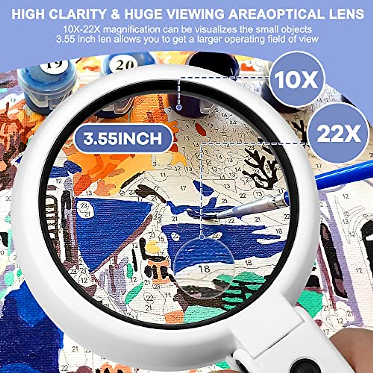 22X 10X Magnifying Glass with Light and Stand, 3.35INCH Large Foldable Handheld Magnifying Glass with Dimmable 8 LED, Hands Free Lighted Desktop Magnifier for Reading, Jewelry, Crafts, Cross Stitch