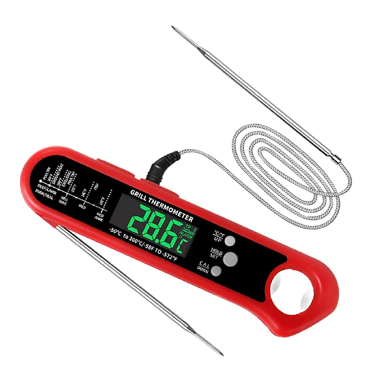 Meat Thermometers, Rayyan Digital Waterproof Food Thermometer with 2 Probes, Alarm Setting, Backlight Screen, Temp Chart and Magnet, Kitchen Cooking, Milk, BBQ, Water, Meat (Red)