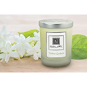 Nabila K Tahitian Gardenia Soy Based Candle with Cotton Wick - Aromatherapy Candle with Essential Oils - Christmas, Birthday Gifts for Home Ambiance Bedroom Decor - 14 oz