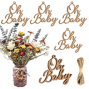 CINPIUK 20PCS Oh Baby Mason Jar Tags Baby Shower Centerpieces Gender Reveal Kraft Brown Decorations, Oh Baby Cutouts Bonus 10 Yards Burlap String
