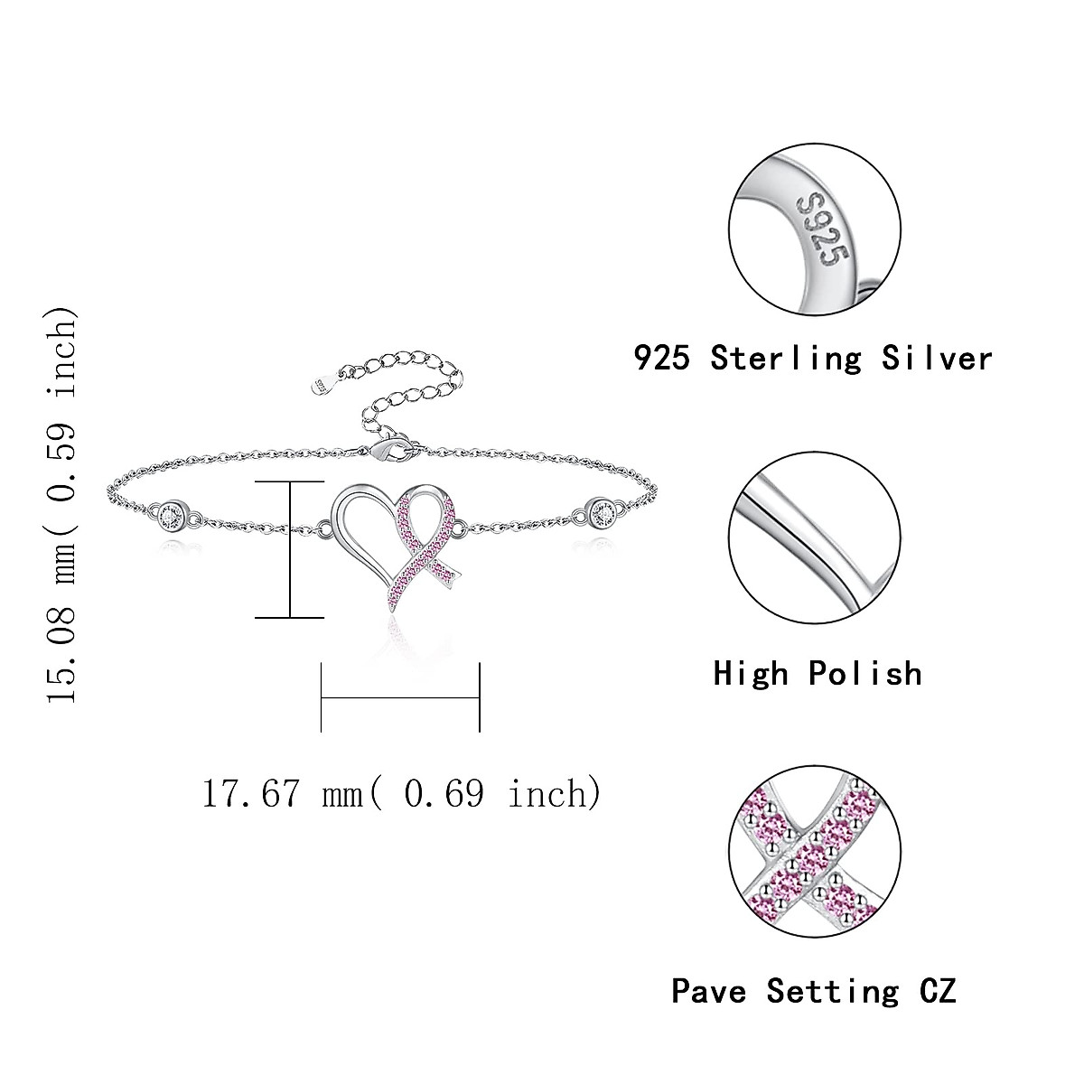 Breast Cancer Awareness Bracelet Necklace Earrings Pink Ribbon 925 Sterling Silver Jewelry Cancer Survivor Gifts for Women (Bracelet)