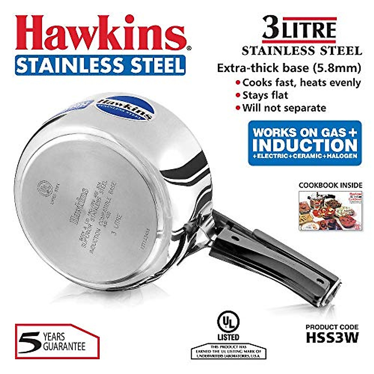 HAWKINS Hawkins Stainless Steel Induction Compatible Pressure Cooker,3 Litre,Silver (HSS3W) Wide,Medium