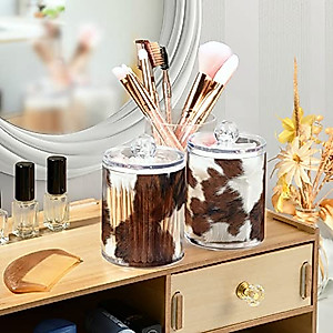 WELLDAY Apothecary Jars Bathroom Storage Organizer with Lid - 14 oz Qtip Holder Storage Canister, White Brown Print Cow Clear Plastic Jar for Cotton Swab, Cotton Ball, Floss Picks, Makeup Sponges,Hair