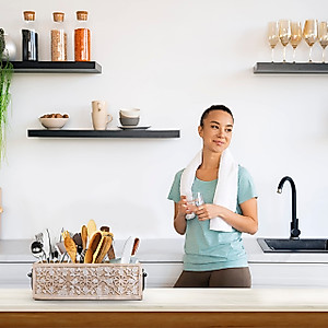 Mela Artisans Wood Utensil Holder for Kitchen | 3 Compartments - Whitewash & Black | Rustic Farmhouse Home Decor | Bathroom Organizer | Decorative Wooden Caddy | Desktop Organization | 13" Length