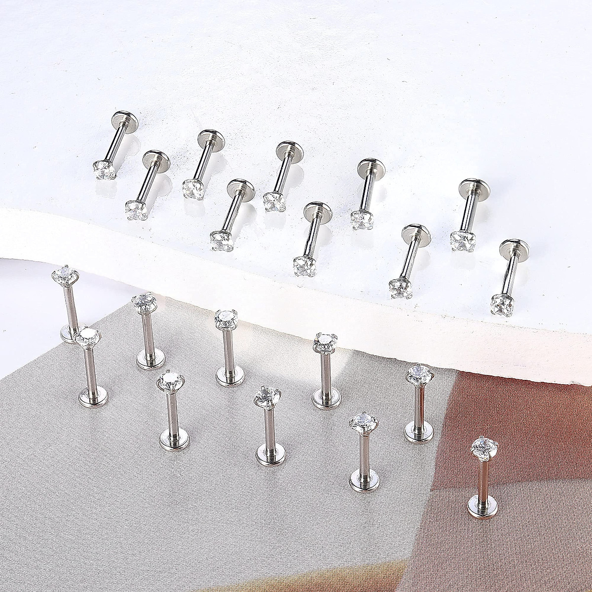 Helicopchain 20Pcs 16G Hypoallergenic Stainless Steel Lip Studs Labret Piercing With 3mm CZ Cartilage Tragus Helix Monroe Piercing Stud Jewelry 6mm 8mm 10mm