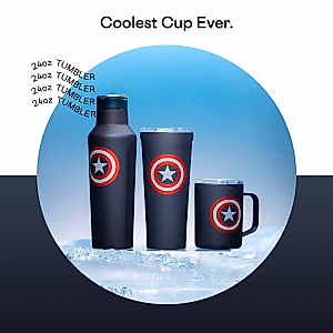 Corkcicle Marvel 24 Ounce Triple Insulated Stainless Steel Travel Cup Tumbler with Lid and Silicone Bottom for Hot and Cold Drinks, Captain America