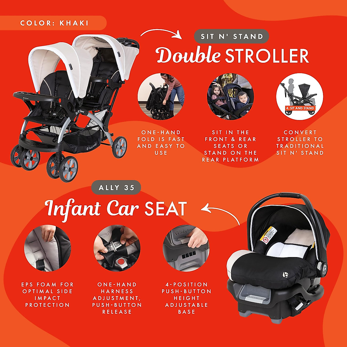 Baby Trend Infant and Toddler Double Stroller & Car Seat Combo, 2 Pc Set, Khaki