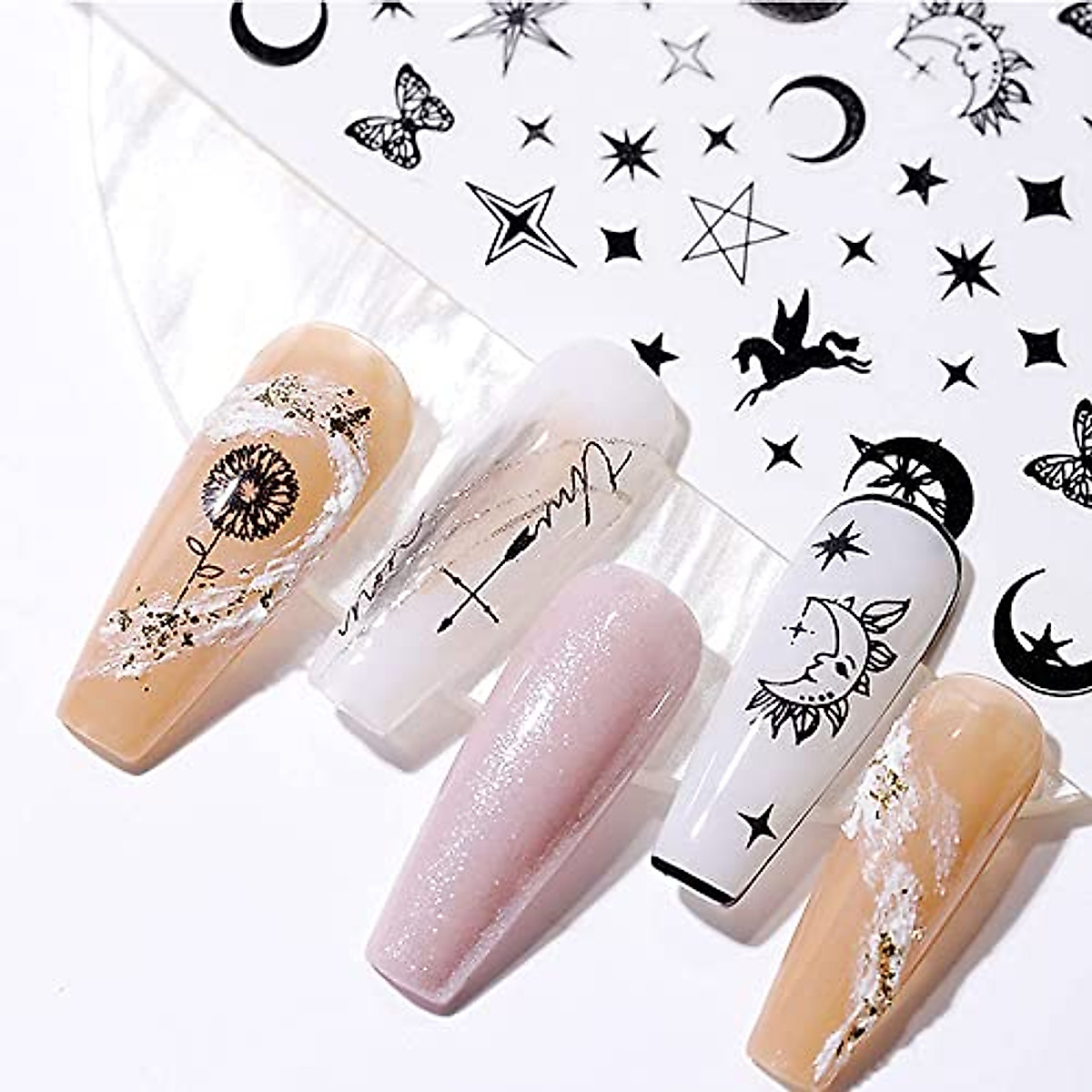 Starry Sky Series Nail Stickers for Nail Art - 3D Self Adhesive Nail Decals Black White Butterfly Star Moon Nail Design Stickers Constellation Meteor Decals DIY Nail Decorations for Women, 6Sheets
