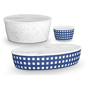 TarHong Homemade Navy Speckle and Gingham Set of 3 Lidded Bowls, 12 oz, 158 oz, 160 oz, Melamine