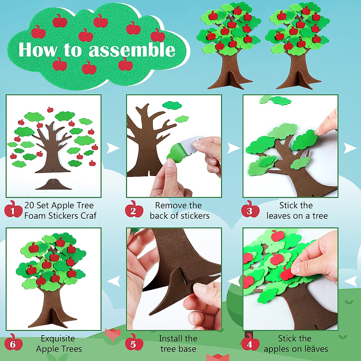 Nuanchu 20 Set 3D Foam Tree Craft Apples Leaves Sticker Self Adhesive Foam Tree Glitter Apple Sticker Spring Trees for Craft Project Family Art Activity