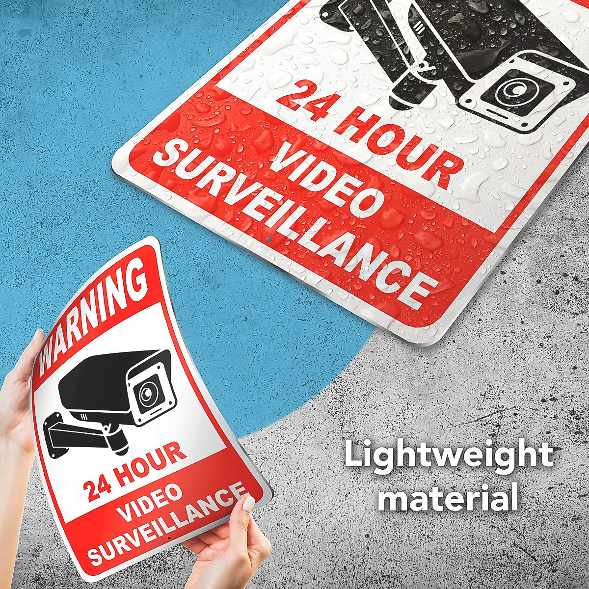 2 PC Video Surveillance Sign - 10x7 Aluminum Smile Your on Camera Signs - Security Camera Signs - No Trespassing Signs Private Property Red