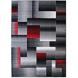 Champion Rugs Squares Modern Geometric Hand Carved Red Grey Black Area Rug Easy to Clean Stain & Fade Resistant Soft Plush Bedroom Living Room Contemporary Dining Accent (7’ 8” X 10’ 8”)
