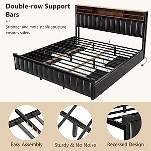 King Size Bed Frame with Bookcase Headboard and Charging Station, Upholstered Platform Bed King Size with 4 Storage Drawers & LED Lights, USB-C & USB Ports, Heavy Duty Slats, No Box Spring Needed