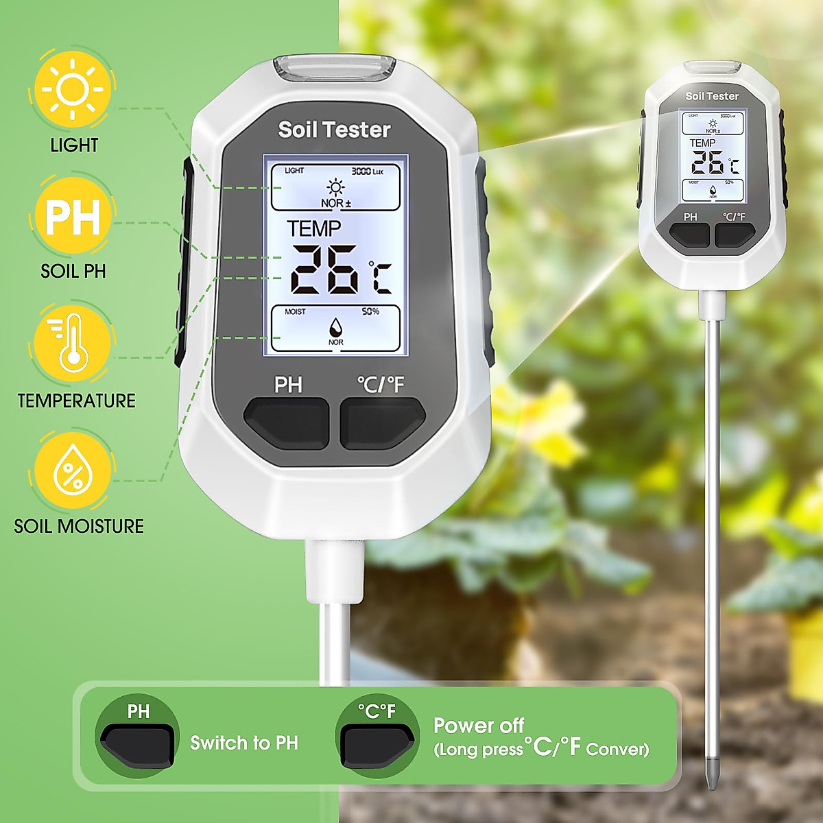 4-in-1 Soil Moisture Meter Digital Plant Temperature/Soil Moisture/PH Meter/Sunlight Intensity Backlight LCD Display Soil Test Meter for Gardening, Farming and Outdoor Plants