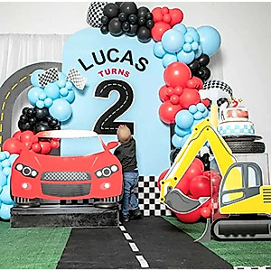 Race Car Balloons Arch Garland Kit 148PCS Red Blue Black Checkered Flag Foil Balloon Racing Car Theme Two Fast 2nd Birthday Party Supplies for Boys