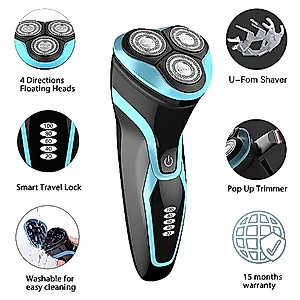 Electric Razor, MAX-T Corded and Cordless Rotary Shaver for Men with Pop Up Trimmer,IPX7 100% Waterproof Wet Dry with Wall Adapter, Blue