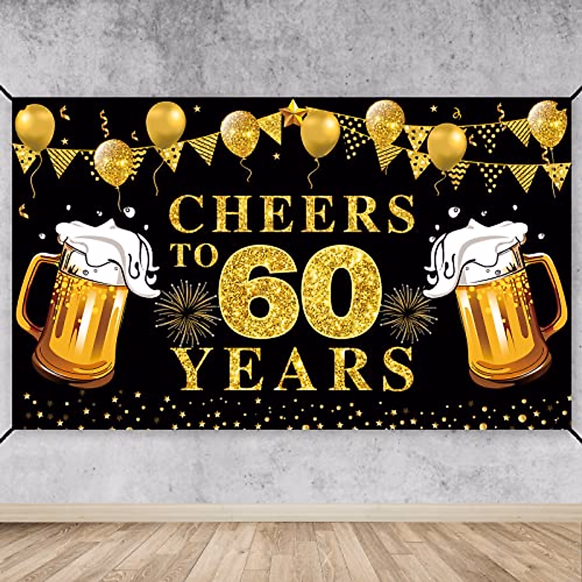 Large Cheers to 60 Years Banner Backdrop, Black Gold Happy 60th Birthday Decorations, 60 Anniversary Photo Background Poster Sign Party Supplies(72.8 x 43.3 inch)