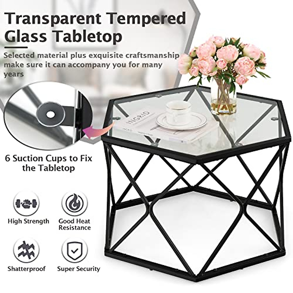 Giantex Hexagonal Glass Coffee Table, End Table w/Tempered Glass Top & Sturdy Metal Legs, Modern Center Table, Geometric Small Glass Table for Living Room, Reception Room, Black