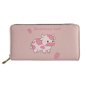 Upetstory Teen Girls Women Wallet Strawberry Cow Leather Purse Wristlet Handbag Zip Around Card Holder Money Organizers Travel Accessory Pink