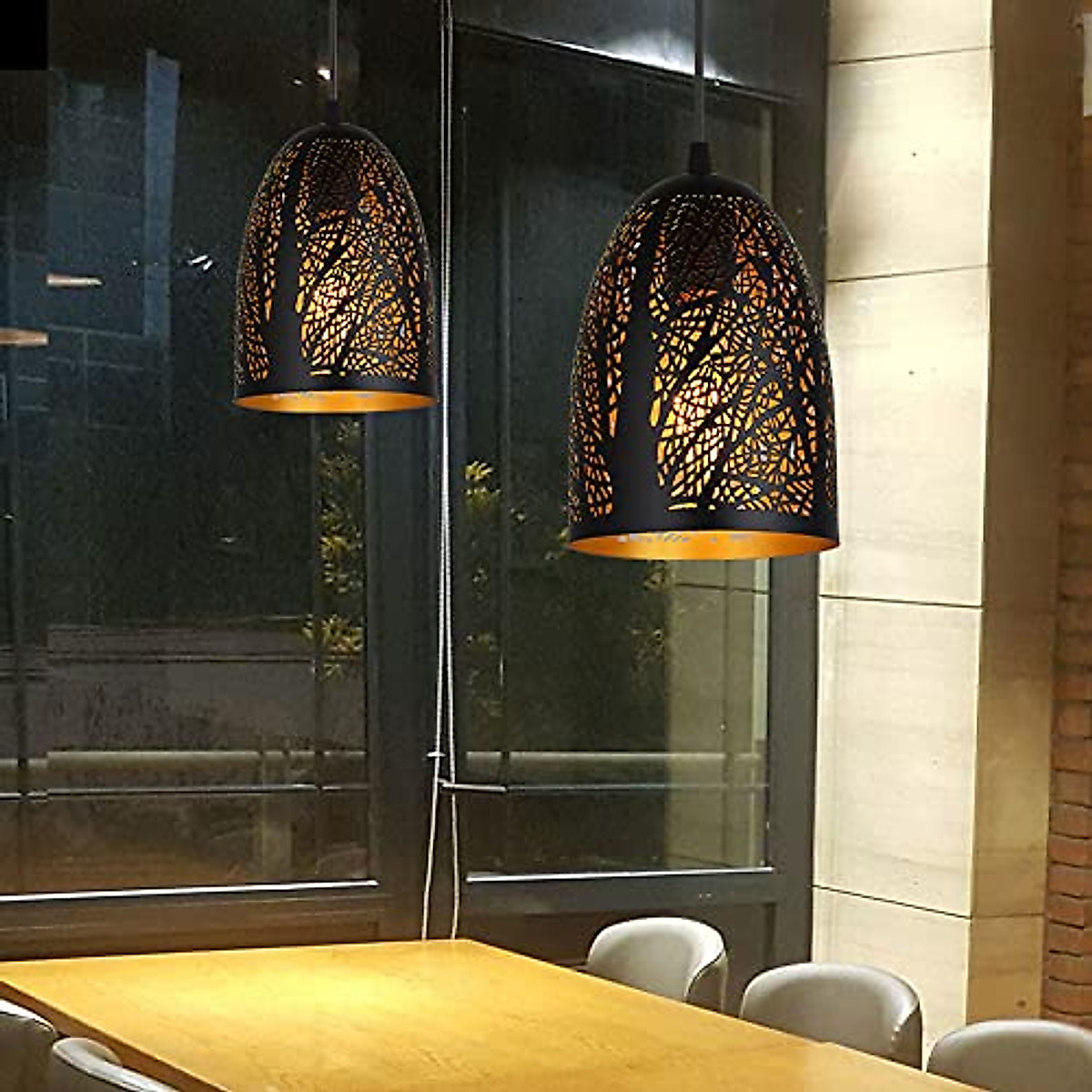 MURUIEN Dimensional Carving Process Pendant Lamp Outer Black and Inner Gold Iron Hollow-Out Chandelier E26/E27 Lamp Holder Pendant Light Fixtures Restaurant Kitchen Hanging Light