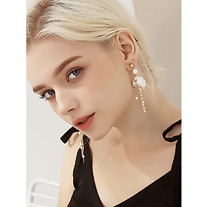 Kruckel Peach Blossom Floral Long Drop Dangling Earrings - Golden Studs with White Pearls, Jewelry for Women,Easy - Wear Fashion Design Accesory Packed with Durable Jewelry Box