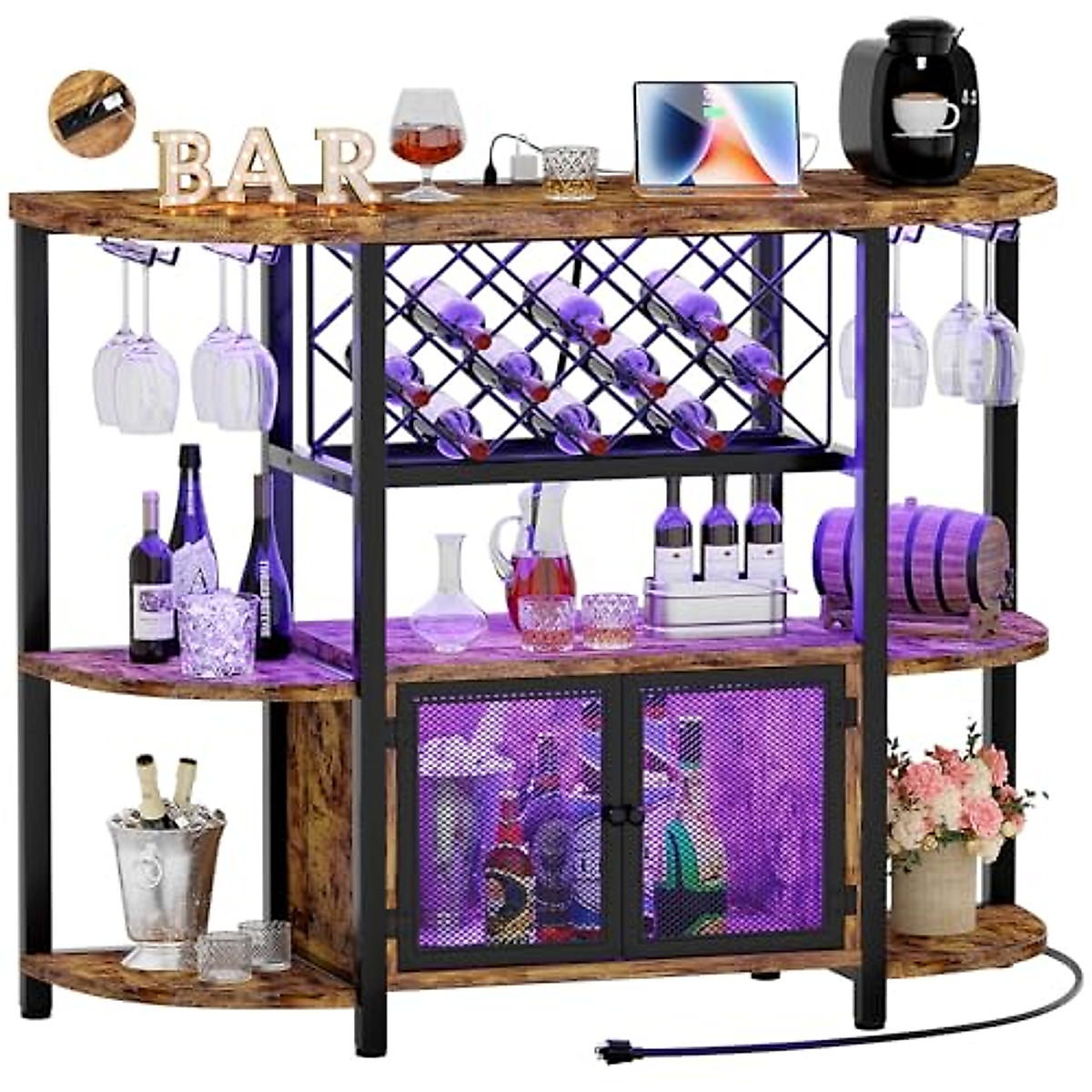 Hyomdeck Wine Bar Cabinet with LED Lights and Power Outlets, Industrial Coffee Bar Cabinet for Liquor and Glasses, Farmhouse Bar Cabinet with Freestanding Wine Racks for Kitchen/Dining, Rustic Brown