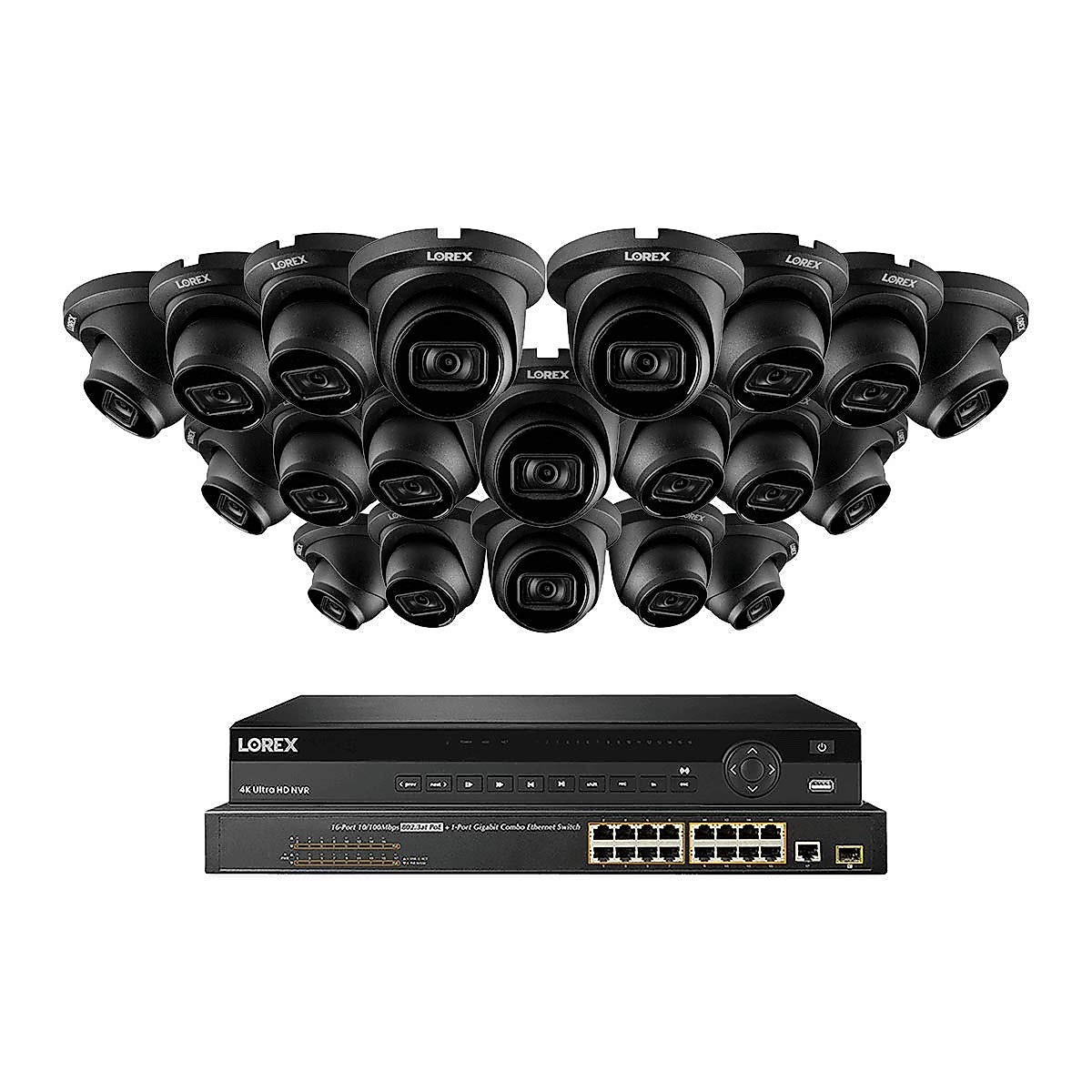 Lorex Technology Lorex NC4K8F-3220BD 32 Channel 4K Surveillance System with N882A38B 8TB 4K Fusion NVR, 16 Port ACCLPS263B POE Switch and 20 LNE9242B 30FPS 8MP Audio Dome Cameras