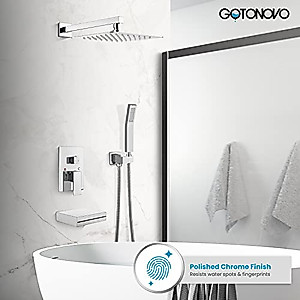 gotonovo Polish Chrome Rain Mixer Shower Faucet Set with Waterfall Tub Spout 10 inch Square Rainfall Shower Head with Handheld Spray Wall Mounted Rough-in Valve and Trim Included