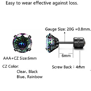 4 Pairs Black Screw Back of Earrings Cubic Zirconia Studs for Women Men 20G Can Wear Double Side Surgical Stainless Steel Hypoallergenic Jewelry (4 Pairs Black 6mm)