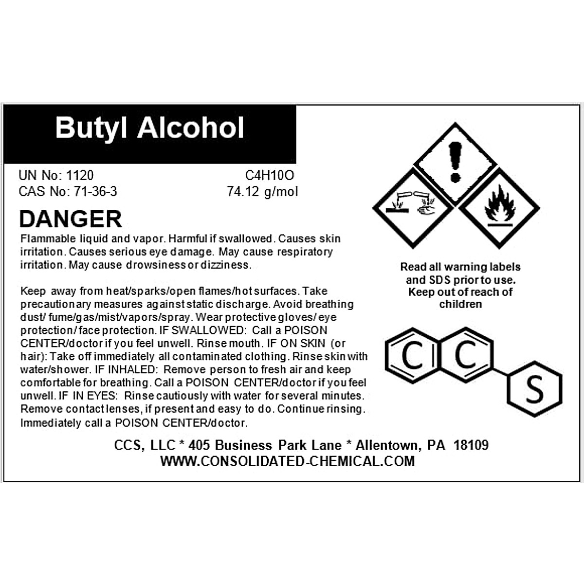 Butyl Alcohol (Butanol) High Purity (500mL (32 Fl Oz))