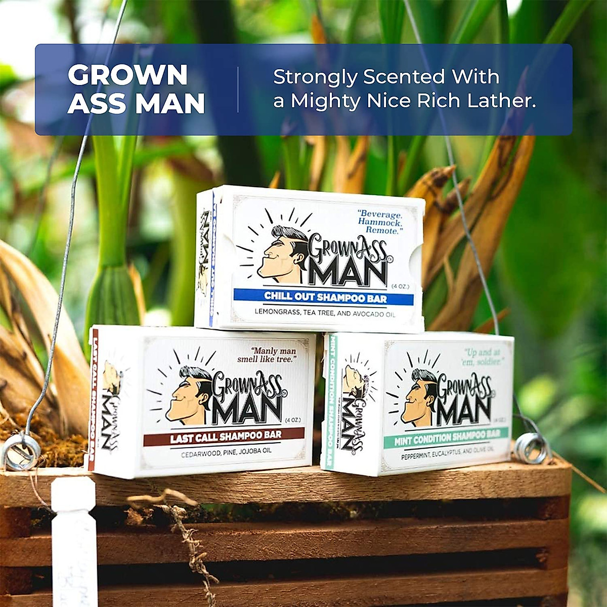 Grown Ass Man Co. - Solid Shampoo Bar Rich Lather 3 in 1: Hair, Beard & Body Wash - Plastic Free & Eco-Friendly, Natural & Organic Clean for All Hair Types, 4oz Bar (Chill Out, 3-Pack)