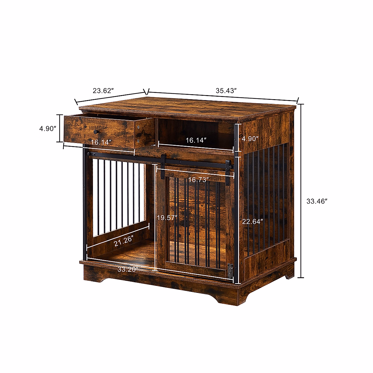 Lostcat Dog Crate Furniture with Sliding Barn Door, with Drawer and Storage,35in Rustic Style Decorative Dog Cage,Wooden Dog Kennel End Table, Easy Assembly,for Small Medium Dog(Rustic Brown)