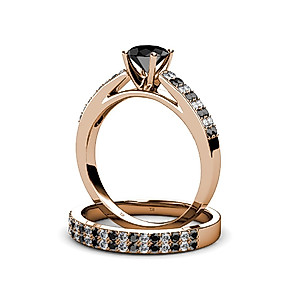 Black & White Natural Diamond Double Row Bridal Set Ring & Wedding Band 1.70 ctw 14K Rose Gold.size 9.0