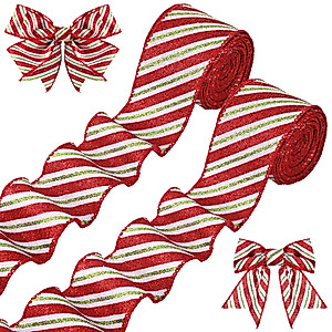 2 Rolls Christmas Wired Ribbon Red Green Stripe Glitter Ribbon Xmas Wrapping Burlap Decor for Home Party DIY Craft Bows, 2.5 Inch 20 Yards (White)