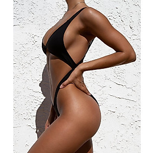 Tainehs Womens Sexy One Piece Bikini Swimsuits High Cut Cheeky Swimwear Thong Bottoms Bathing Swimsuits Black