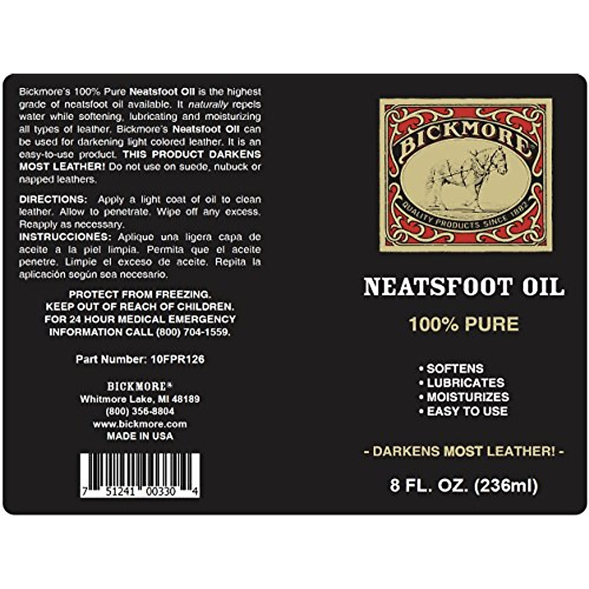 Bickmore 100% Pure Neatsfoot Oil 8 oz - Leather Conditioner and Wood Finish - Works Great on Leather Boots, Shoes, Baseball Gloves, Saddles, Harnesses & Other Horse Tack