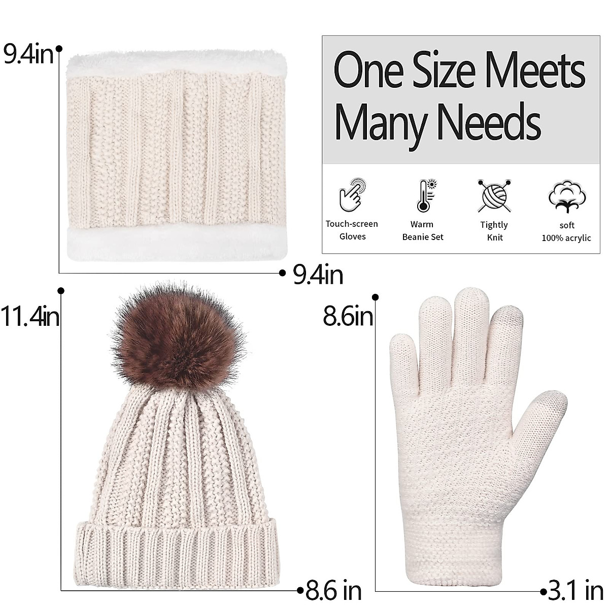 Women Winter Hat Gloves Scarf Set Beanie Knit Warm Neck Scarves Touchscreen Glove Fleece Lined Cold Weather 3 Pack Warmer Wool Cap with Pom Beige Woman Unisex Adult Ladies Para Mujer Gorros