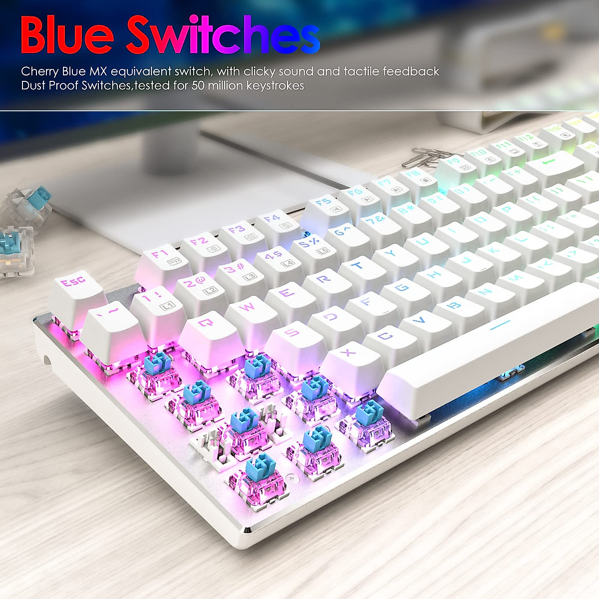 HUO JI E-Yooso Z-88 RGB Mechanical Gaming Keyboard USB Wired, Customizable RGB Backlit, Blue Switches - Clicky, Metal Panel, 104 Keys for Mac, PC, Silver+White